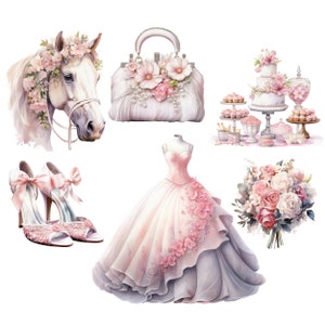 Pink Wedding Day Clipart Bundle Watercolor, Transparent PNG, Bride ...