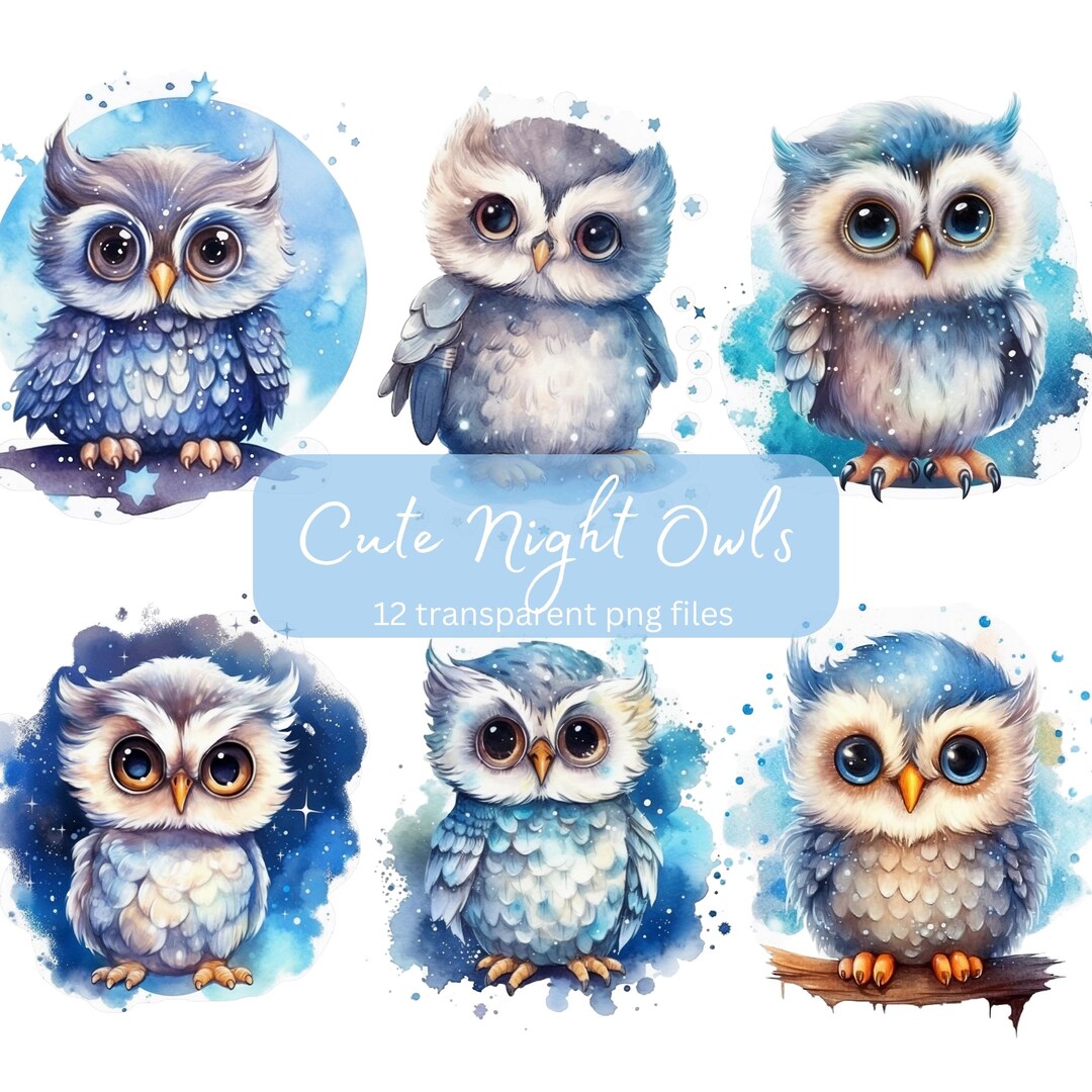 Night Owls Watercolor Clipart, Transparent PNG, Digital Download, Card ...