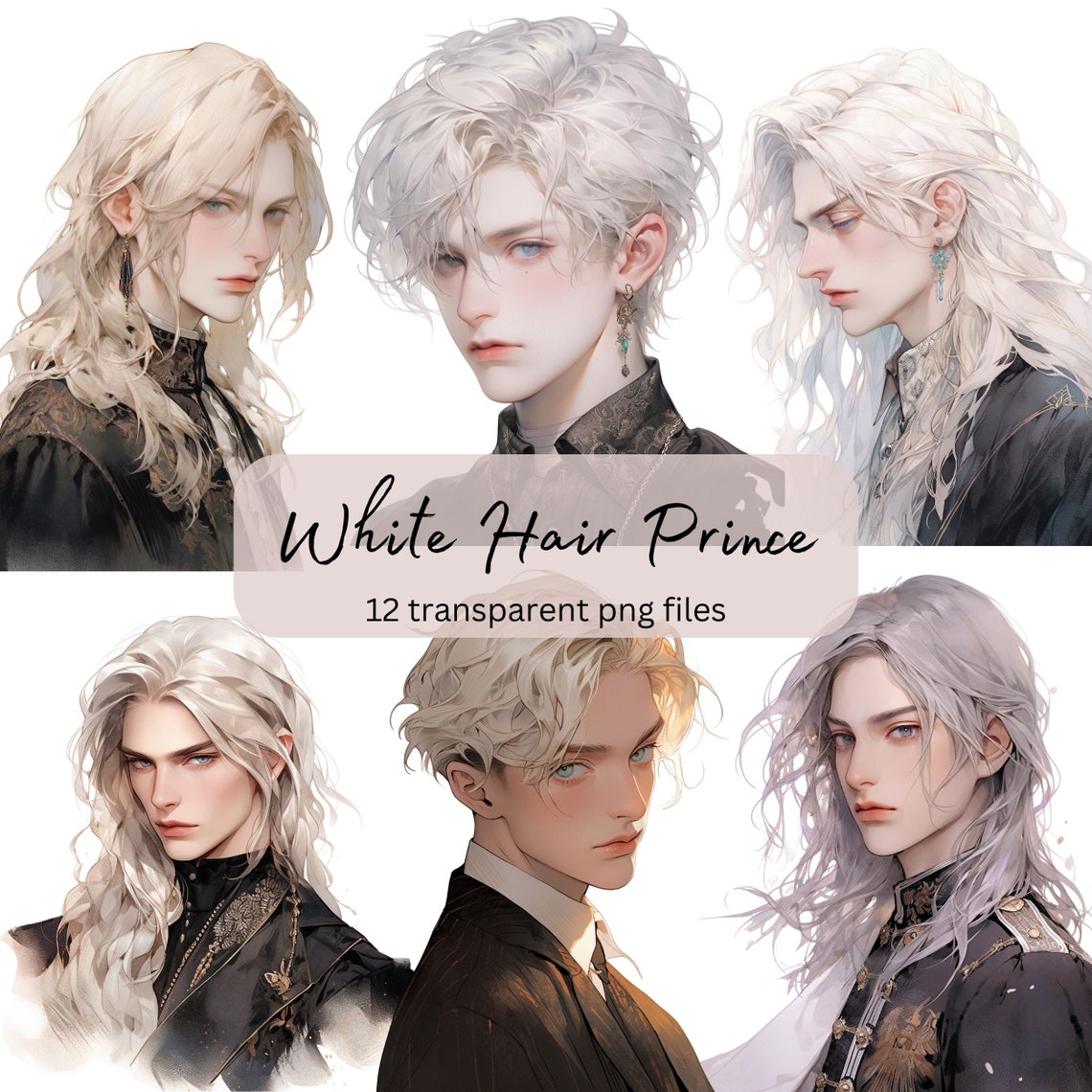 White Hair Prince Watercolor Clipart Bundle, Transparent PNG, Pretty ...