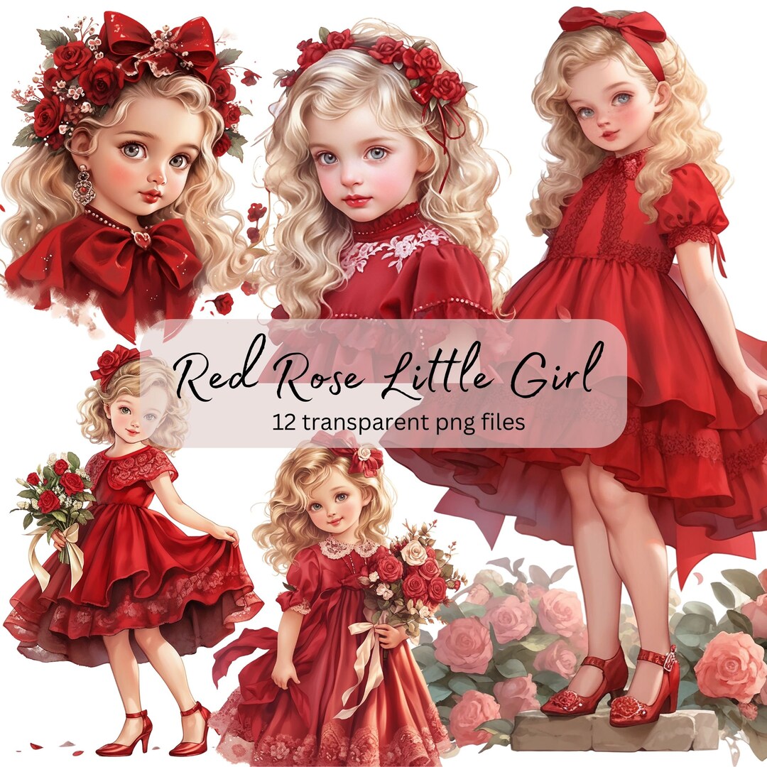 Red Rose Vintage Little Girl Watercolor Clipart Bundle, Transparent PNG ...