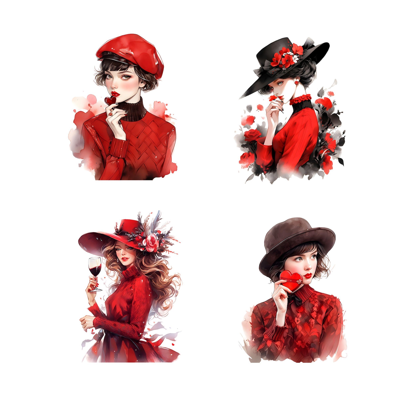 Lady in Red Dress Watercolor Clipart Bundle, Transparent PNG, Digital ...