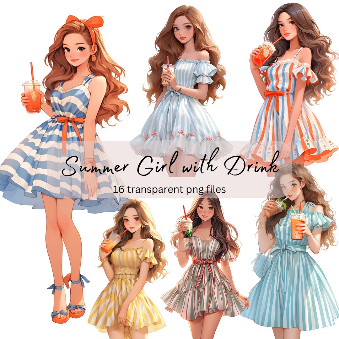 Summer Girls and Drink Watercolor Clipart Bundle, Transparent PNG ...