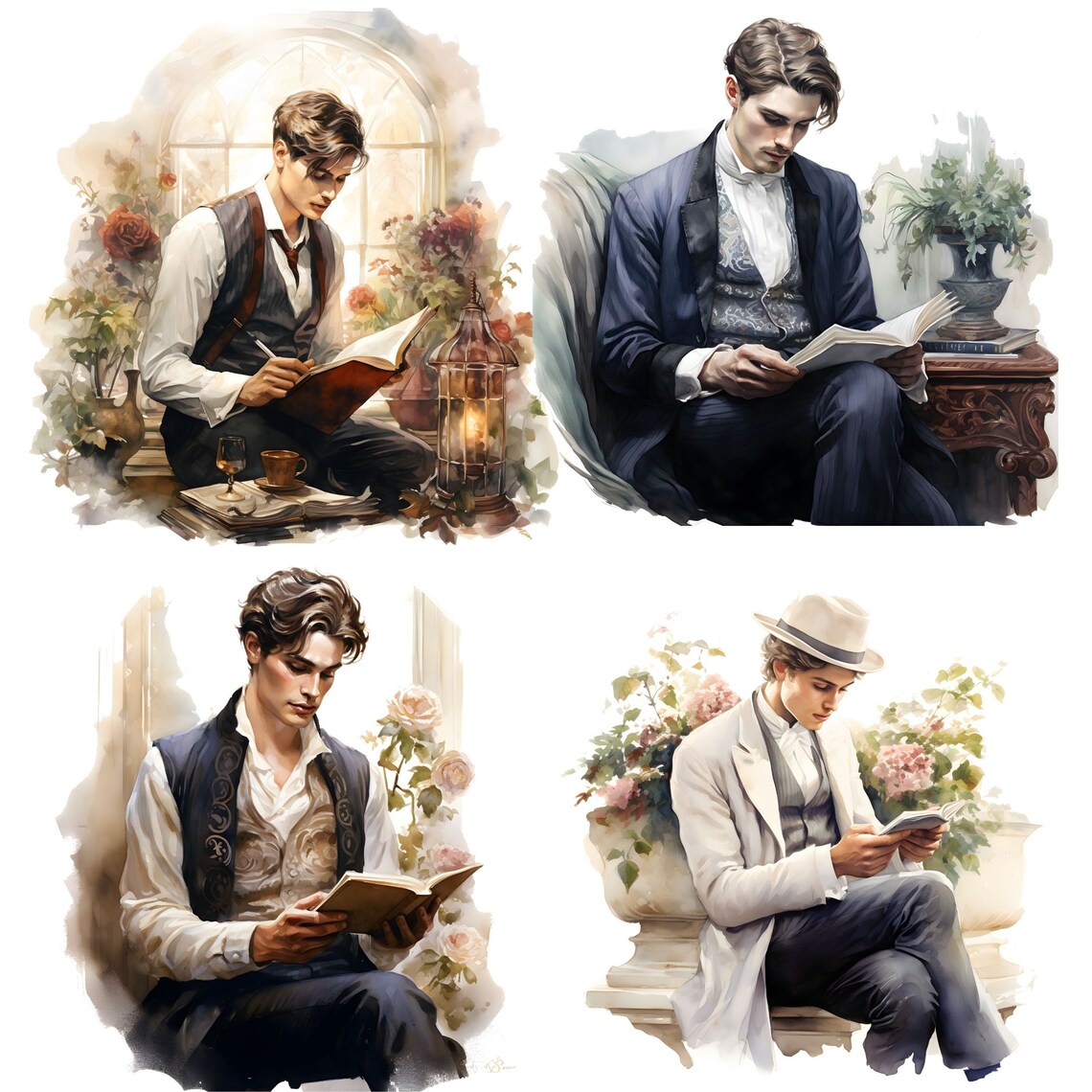 Victorian Man Reading Vintage Watercolor Clipart Bundle,transparent PNG ...