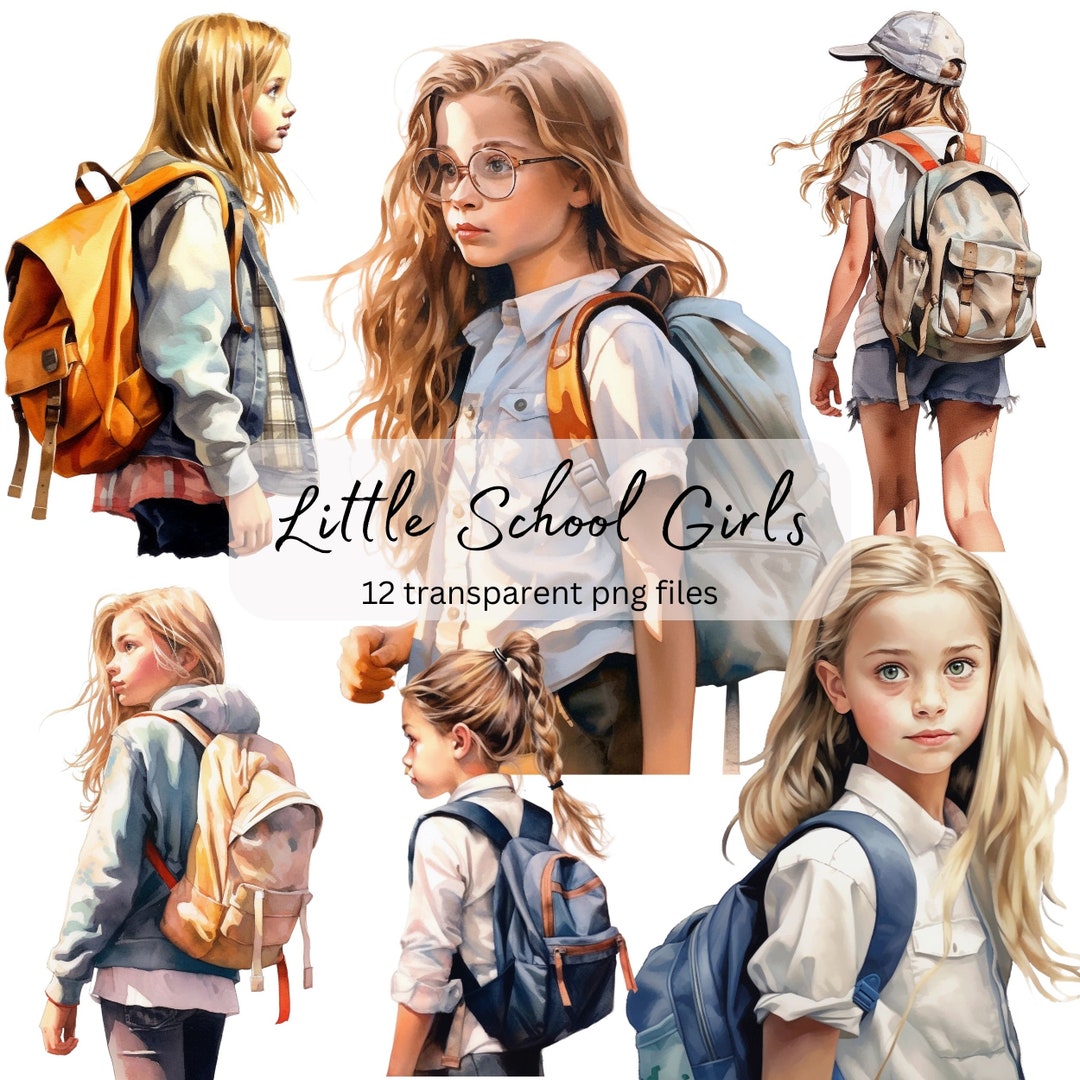 Little School Girl Watercolor Clipart Bundle, Transparent PNG, Cute ...