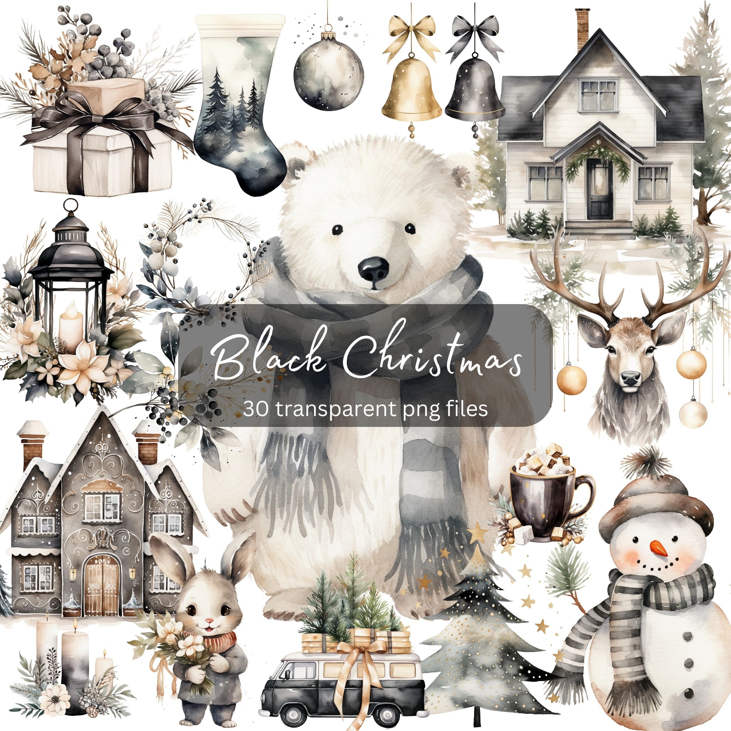 Black Christmas Clipart Watercolor Bundle, Transparent PNG, Winter ...