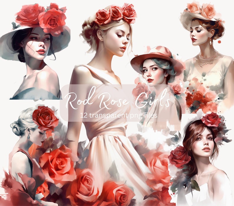 Red Rose Girls Watercolor Clipart Bundle Princess Fantasy - Etsy