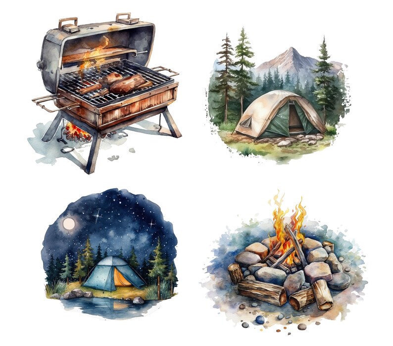 Summer Camping Watercolor Clipart Bundle Transparent PNG - Etsy