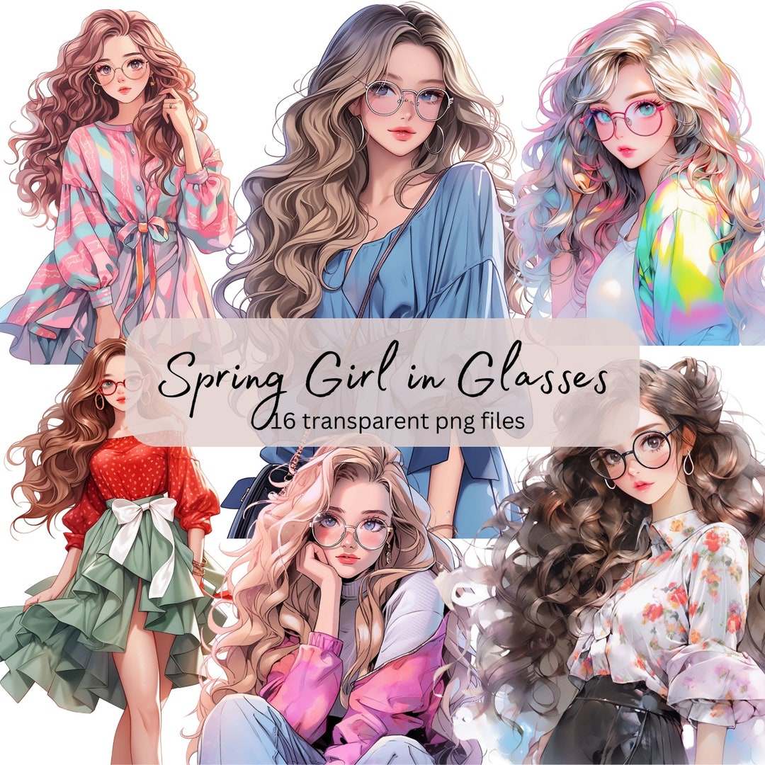 Spring Girl Wearing Glasses Watercolor Clipart Bundle, Transparent PNG ...