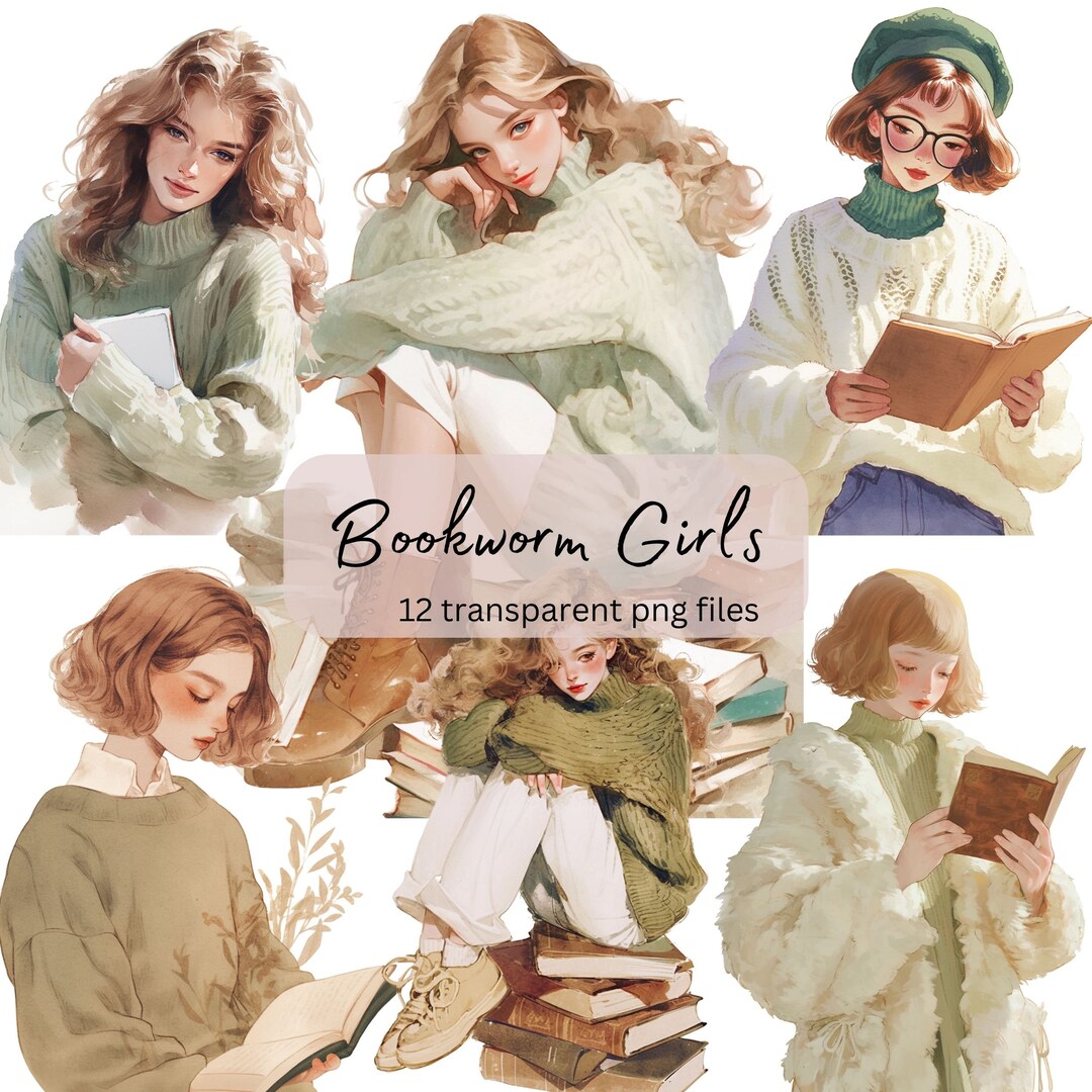 Bookworm Reading Watercolor Clipart Bundle, Transparent PNG, Girl ...