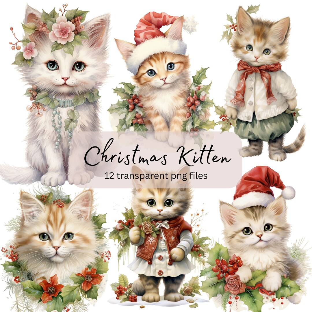 Christmas Kitten Cat Watercolor Clipart Bundle, Transparent PNG, Cute ...
