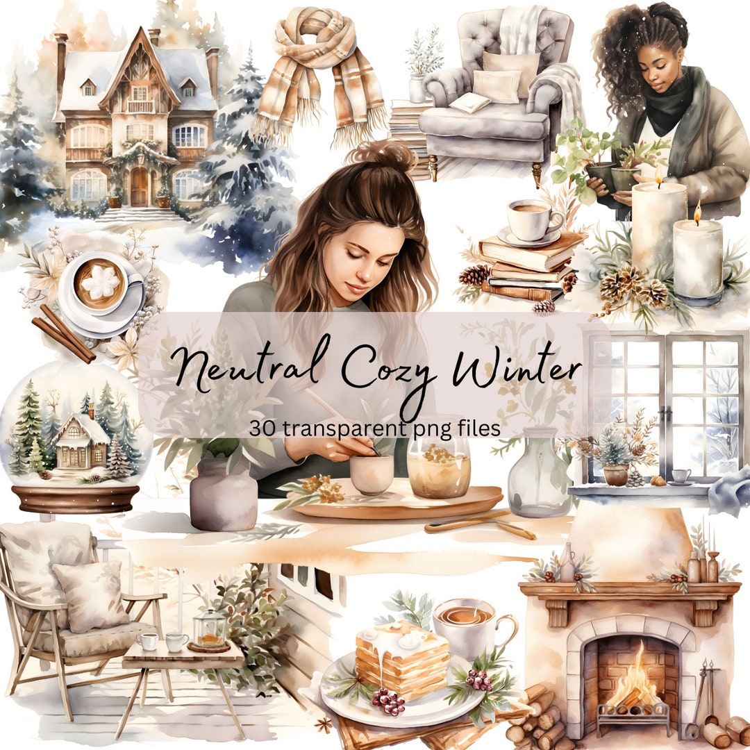Neutral Cozy Winter Watercolor Clipart, Cottage Core Lifestyle ...