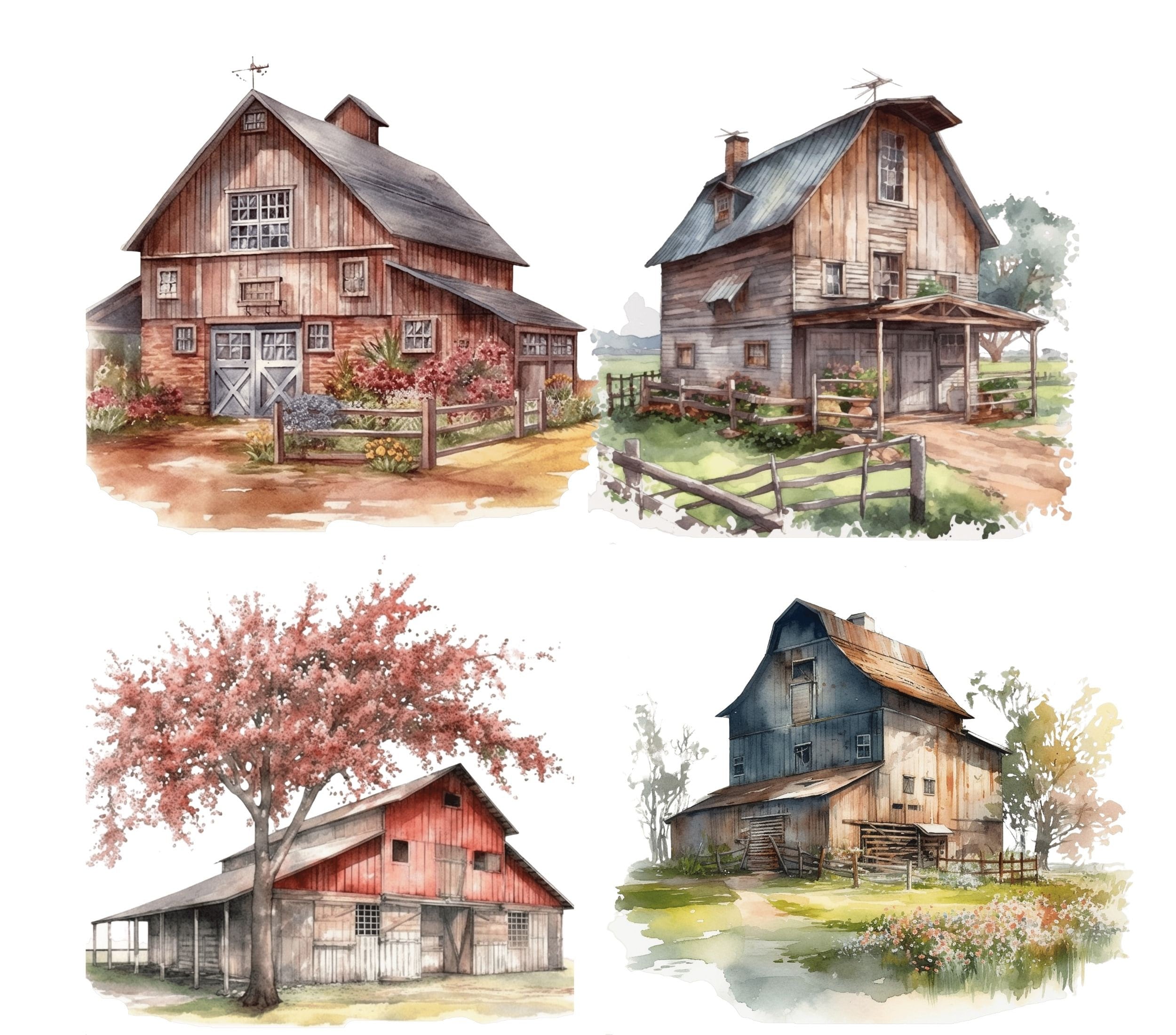 Farm Barn Watercolor Clipart Bundle, Transparent PNG, Farmhouse Clipart ...