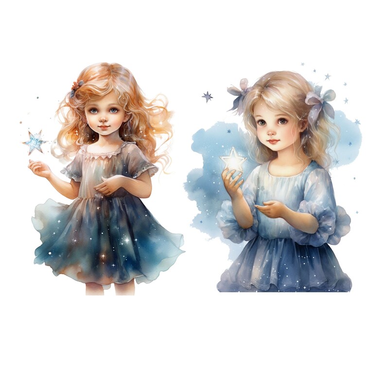 Little Girl Twinkle Stars Watercolor Clipart Bundle, Transparent PNG ...