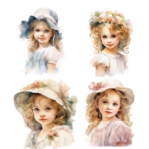 Vintage Little Girls Watercolor Clipart Bundle, Transparent PNG ...