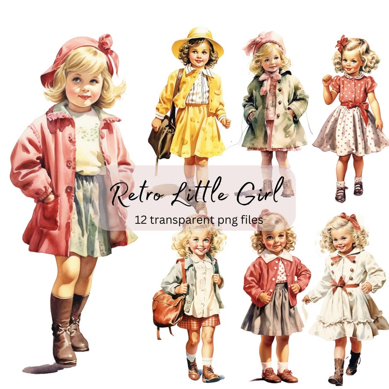 Retro Little Girl Watercolor Clipart Bundle, Transparent PNG, Vintage ...