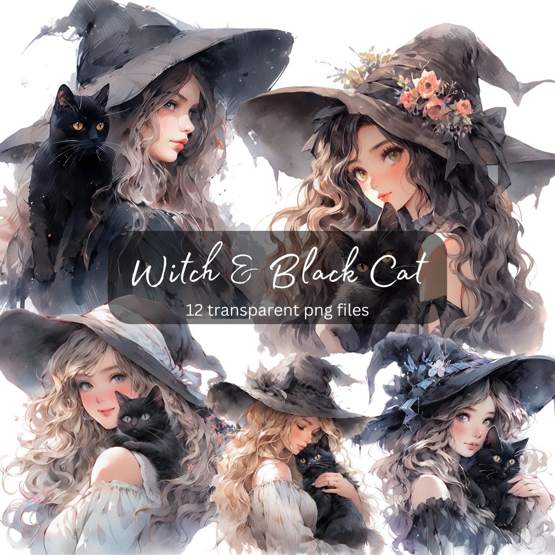 Witch and Black Cat Watercolor Clipart, Transparent PNG, Pretty Girls ...