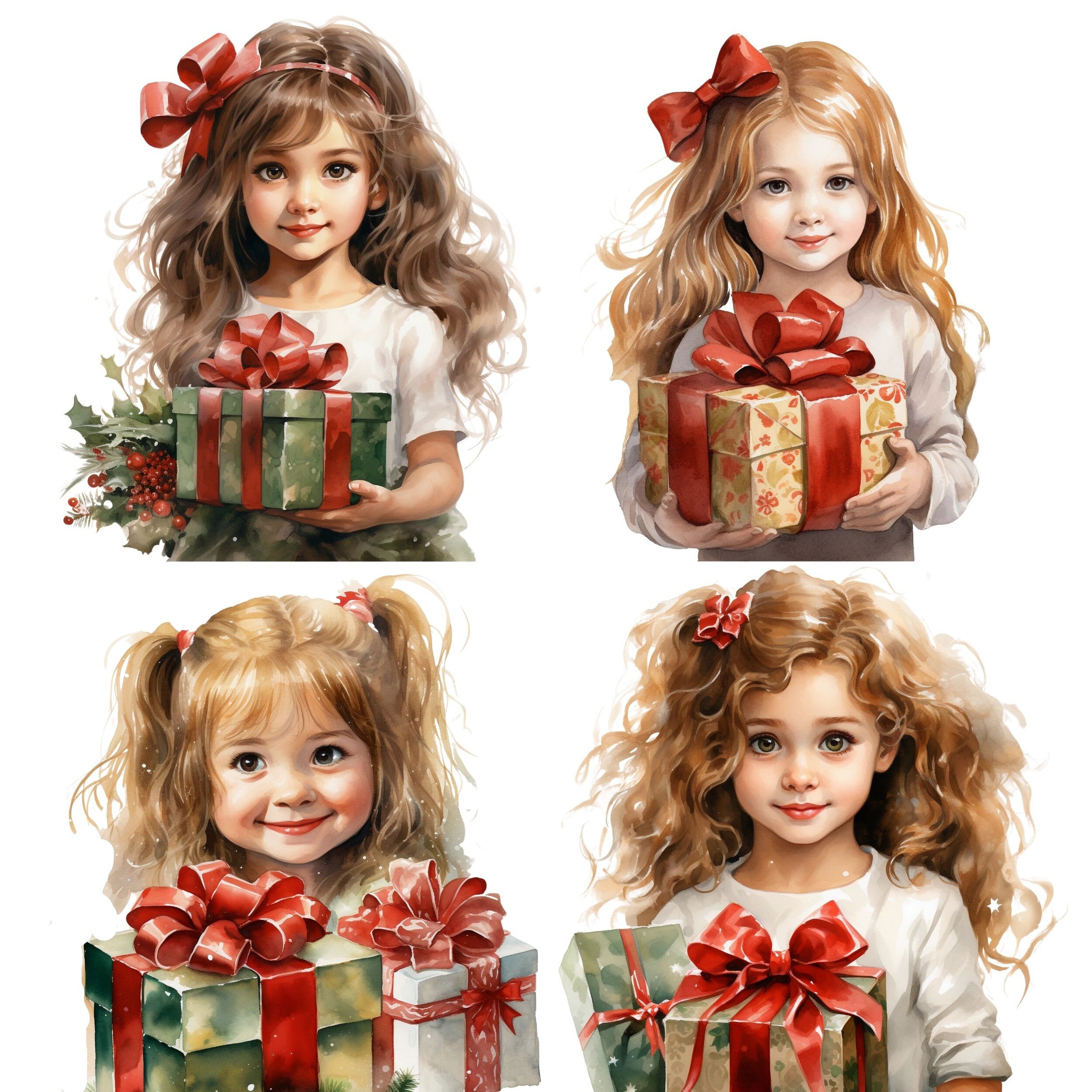 Christmas Little Girls Watercolor Clipart Bundle, Transparent PNG, Cute ...