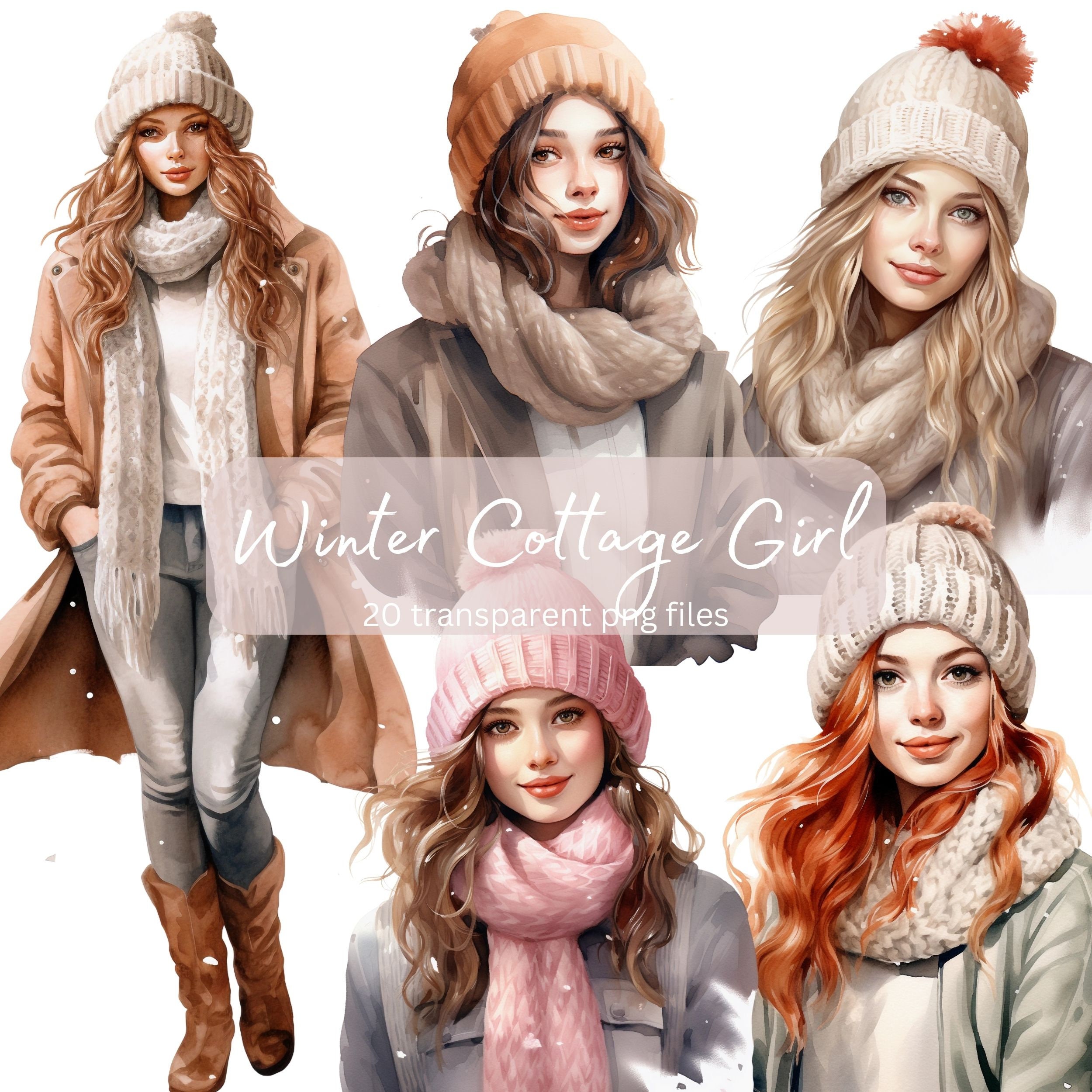 Winter Cottage Girl Watercolor Clipart Bundle, Transparent PNG, Digital ...