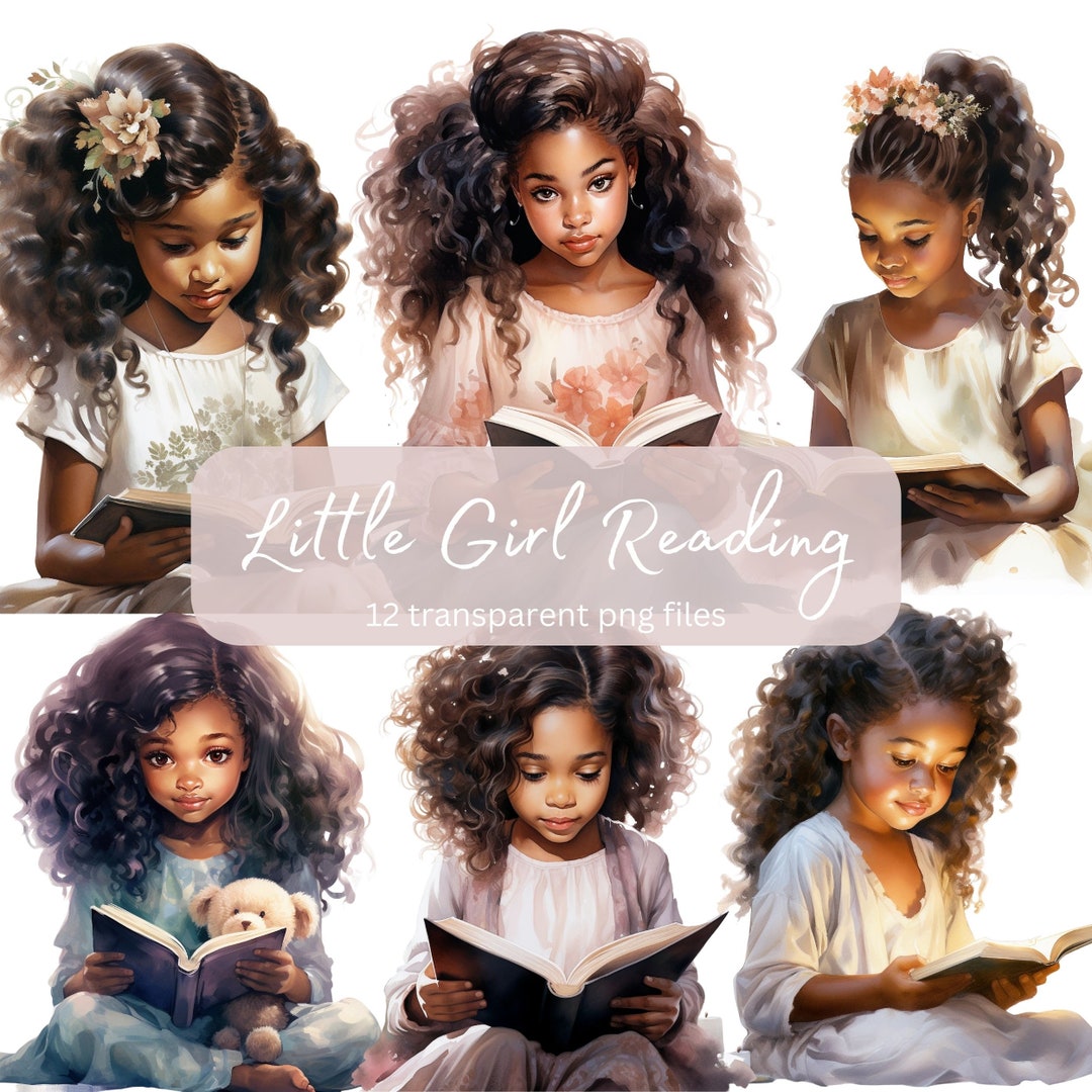 Little Girl Reading Book Watercolor Clipart Bundle, Transparent PNG ...