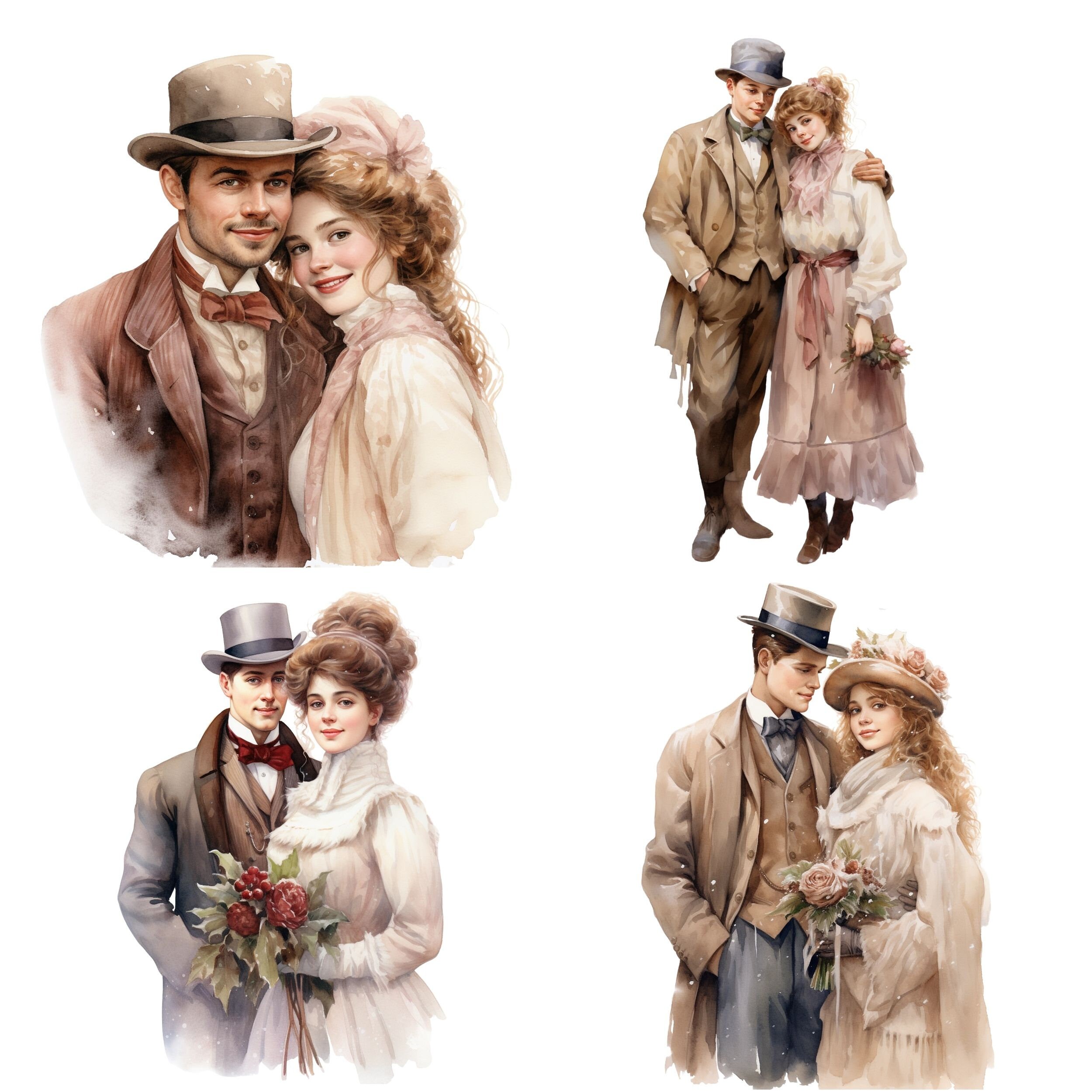 Vintage Loving Couple Watercolor Clipart Bundle, Transparent PNG ...