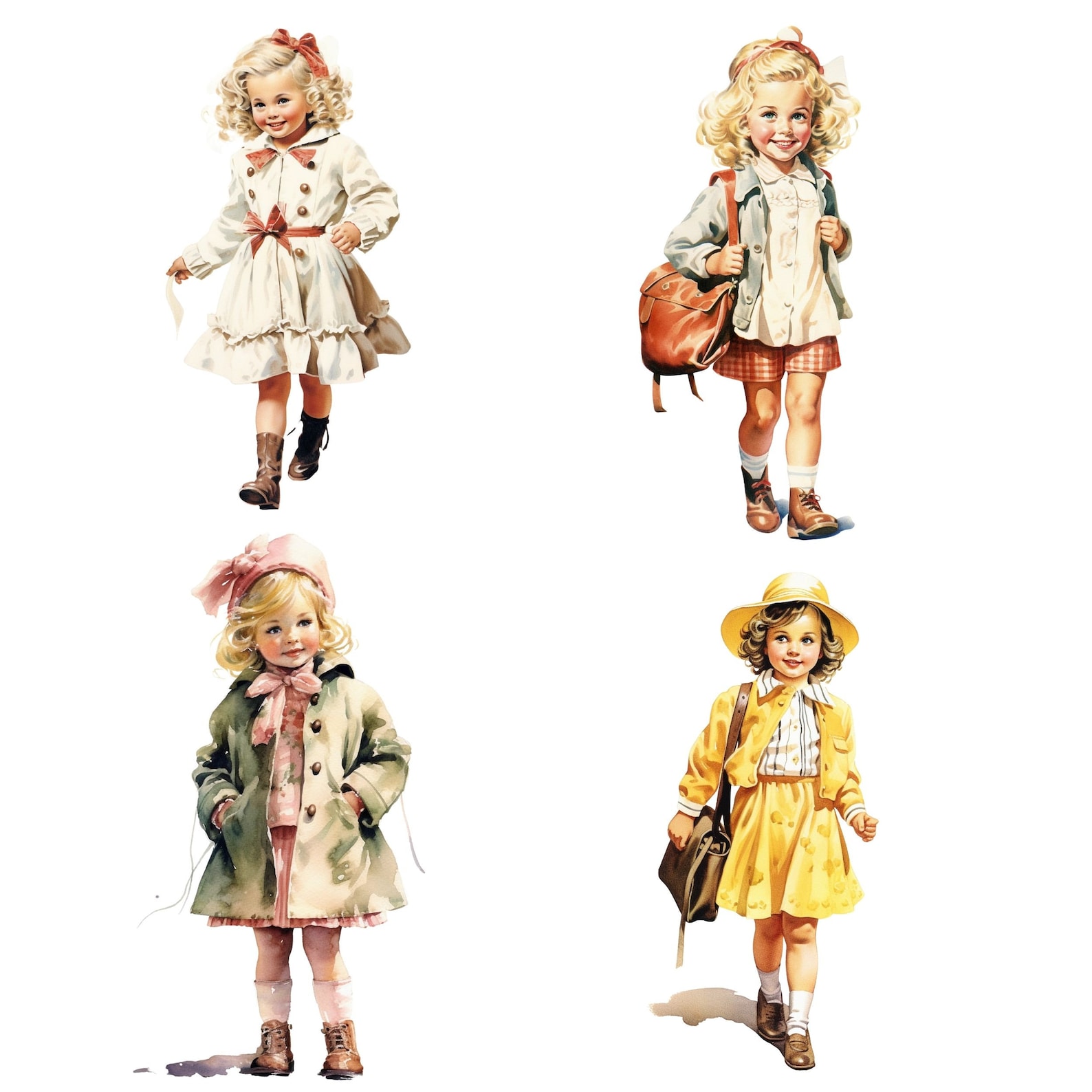 Retro Little Girl Watercolor Clipart Bundle, Transparent PNG, Vintage ...