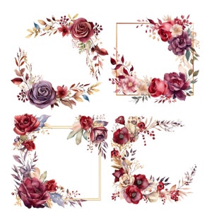 Burgundy Floral Watercolor Clipart Bundle, Transparent Png,digital ...