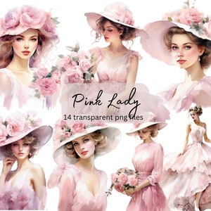 Pink Lady Vintage Watercolor Clipart Bundle, Transparent PNG, Digital ...
