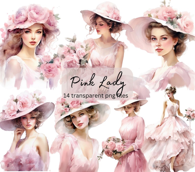 Pink Lady Vintage Watercolor Clipart Bundle, Transparent PNG, Digital ...