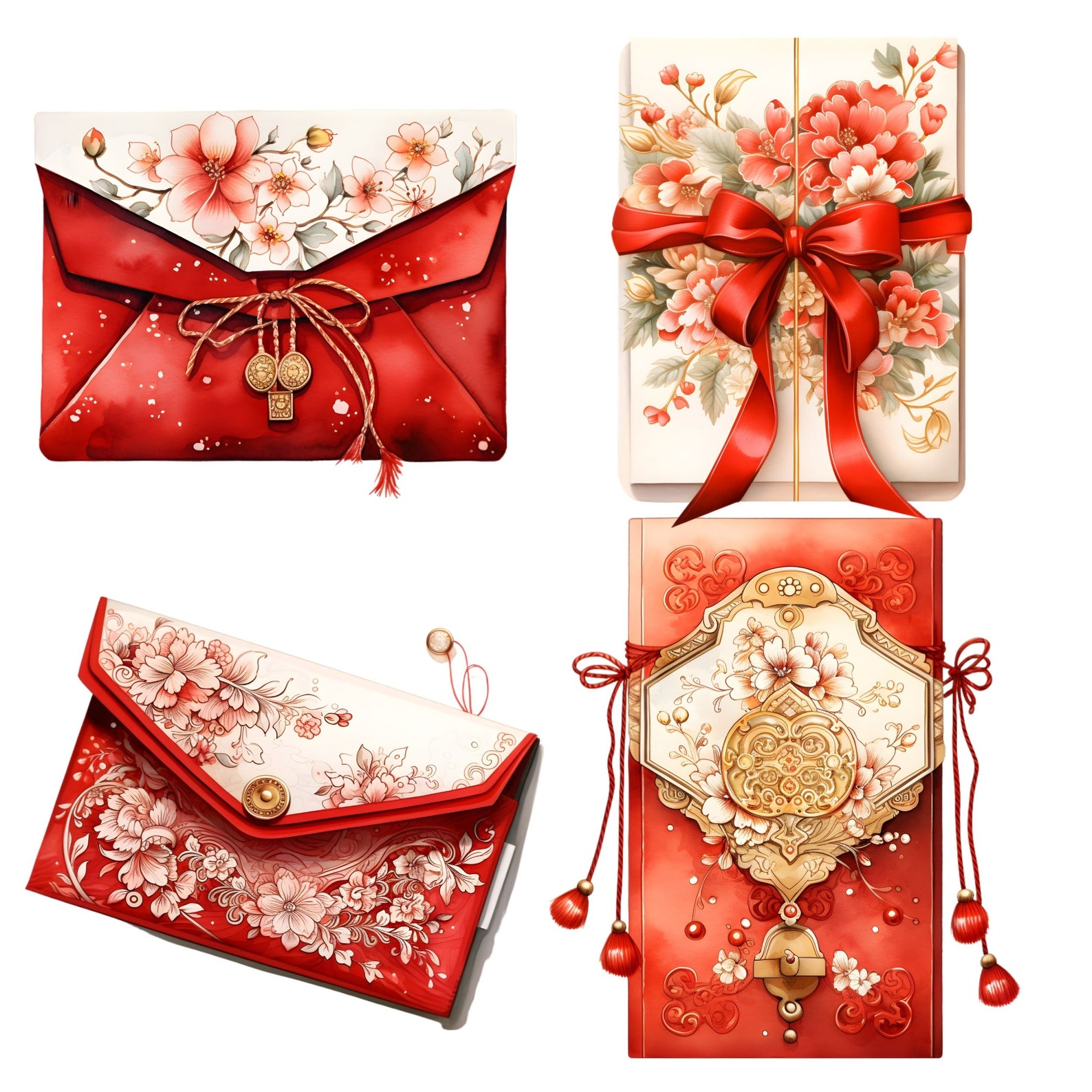 Chinese Red Envelope Watercolor Clipart Bundle, Transparent PNG ...