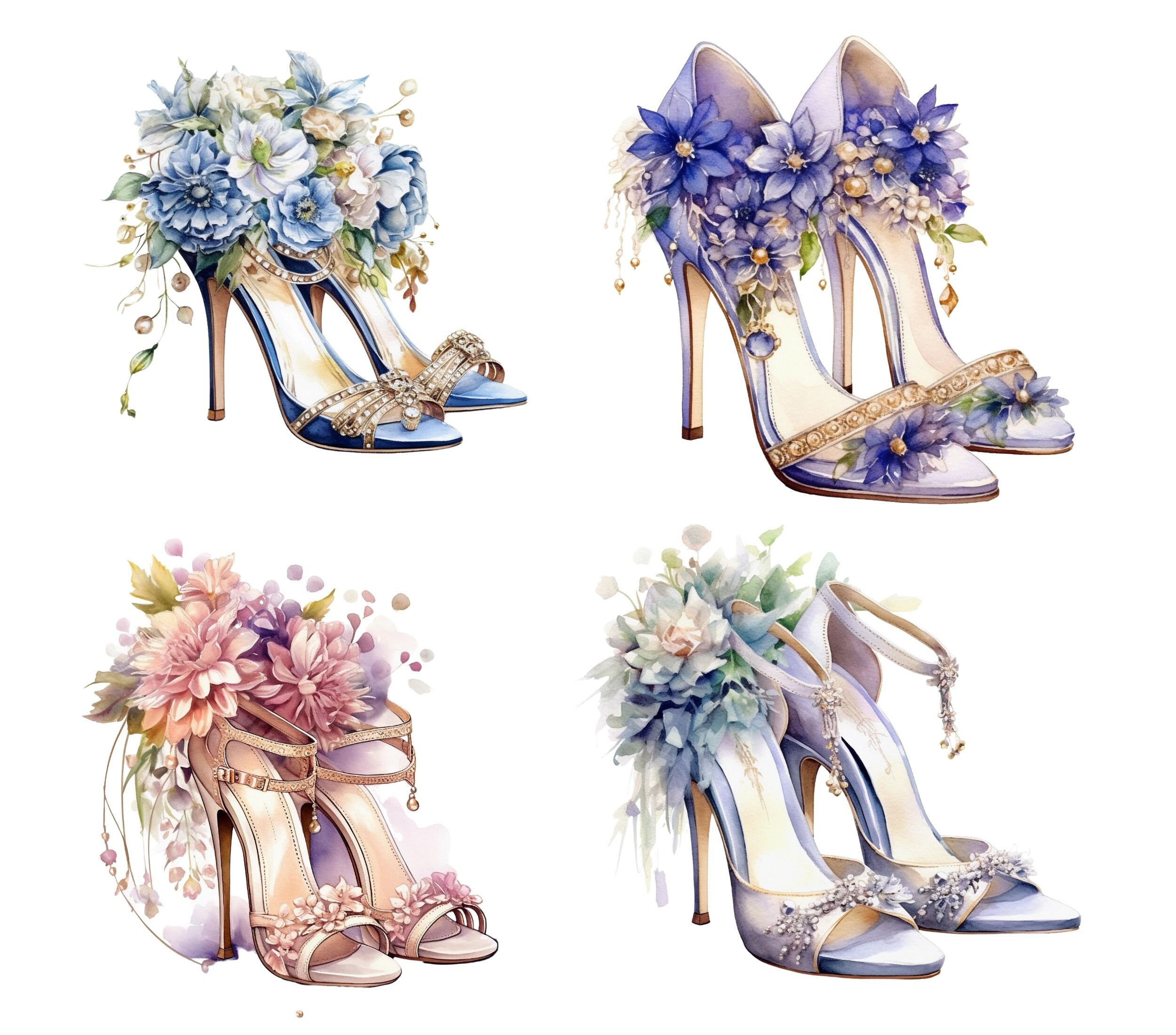 Bridal Shoes Flowers Watercolor Clipart Bundle, Transparent PNG ...