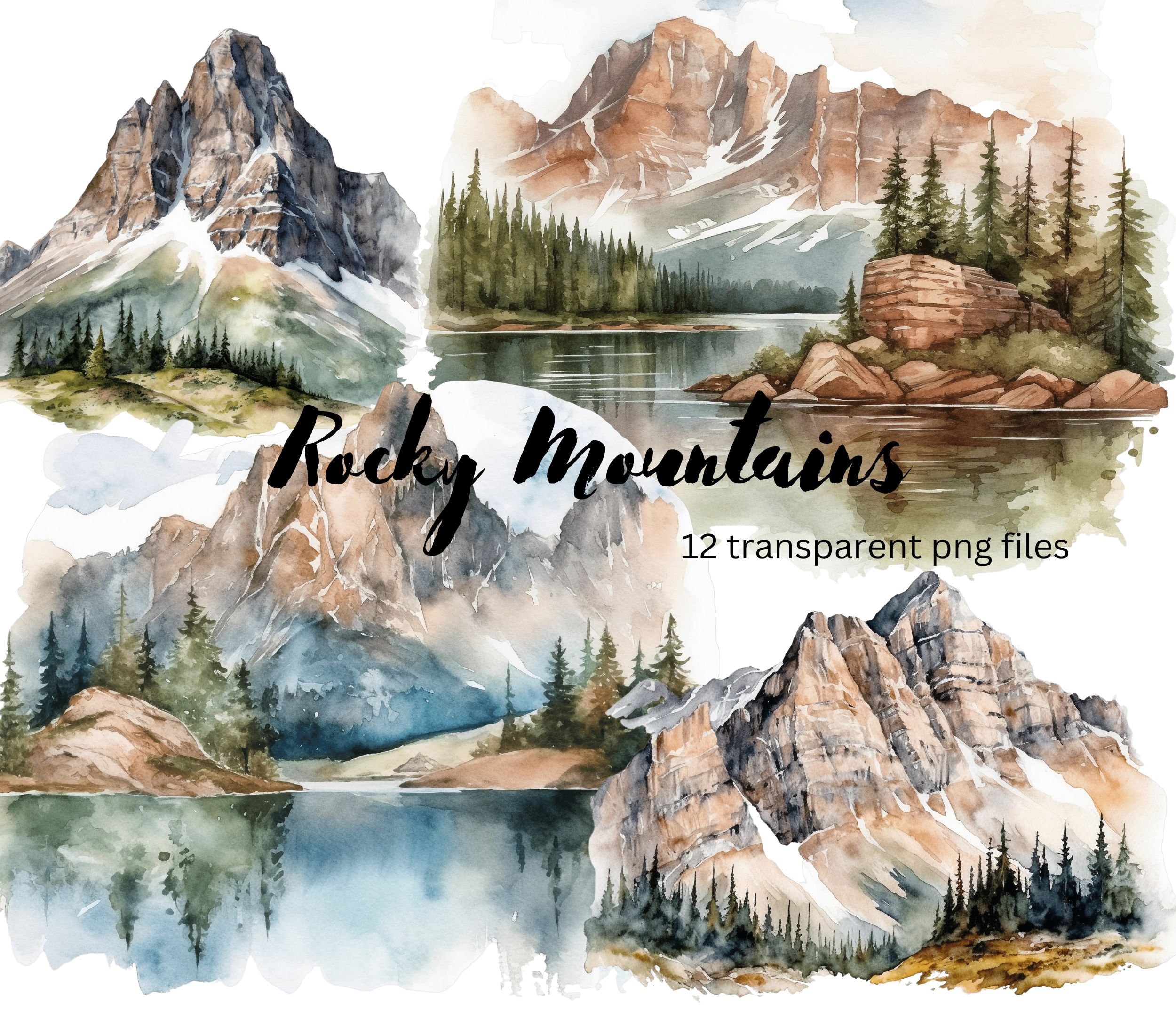 Rocky Mountains Watercolor Clipart Bundle, Transparent PNG, Landscape ...