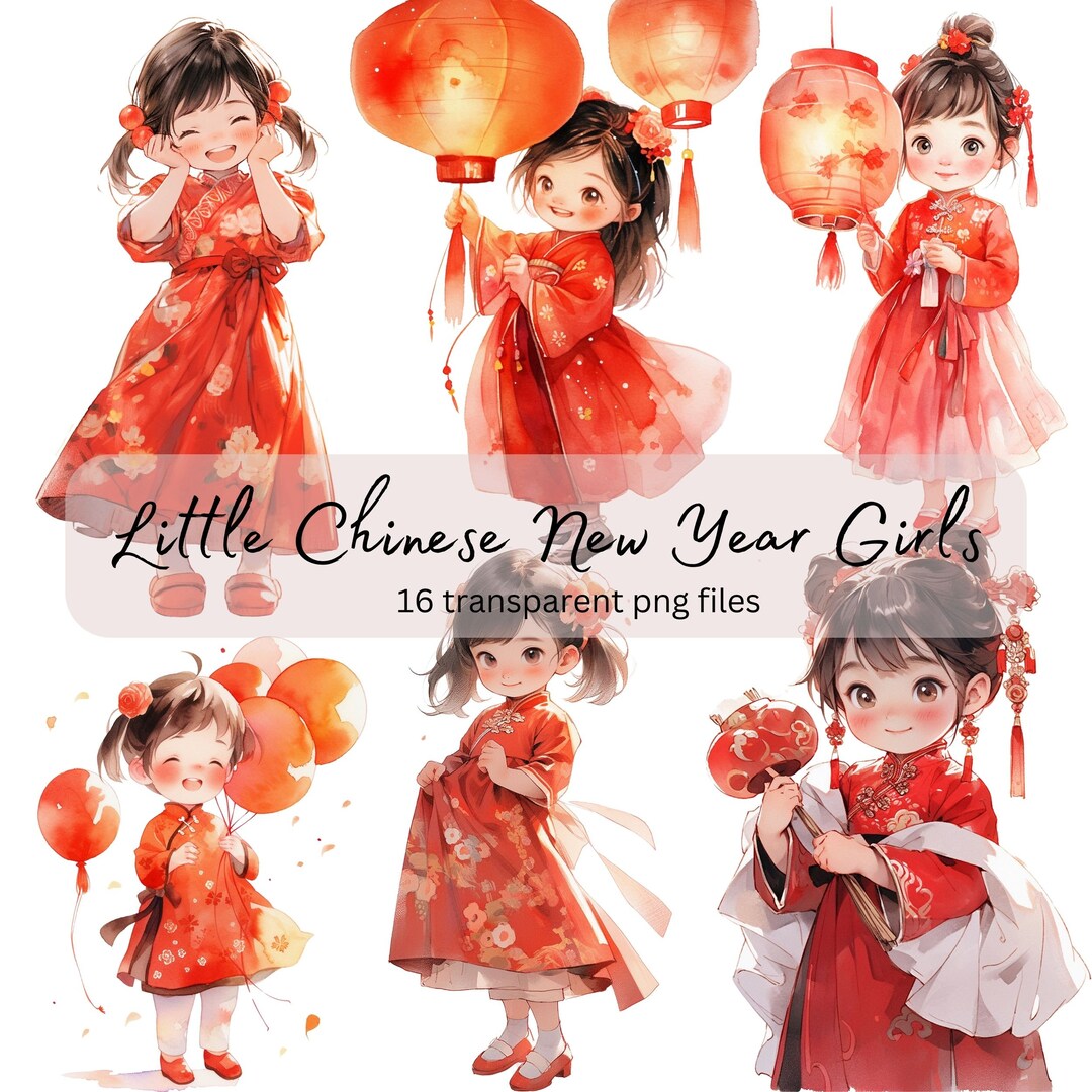 Chinese New Year Little Girl Watercolor Clipart Bundle, Transparent PNG ...