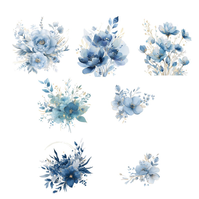 Blue Bloom Floral Watercolor Clipart Bundle, Transparent PNG, Digital ...