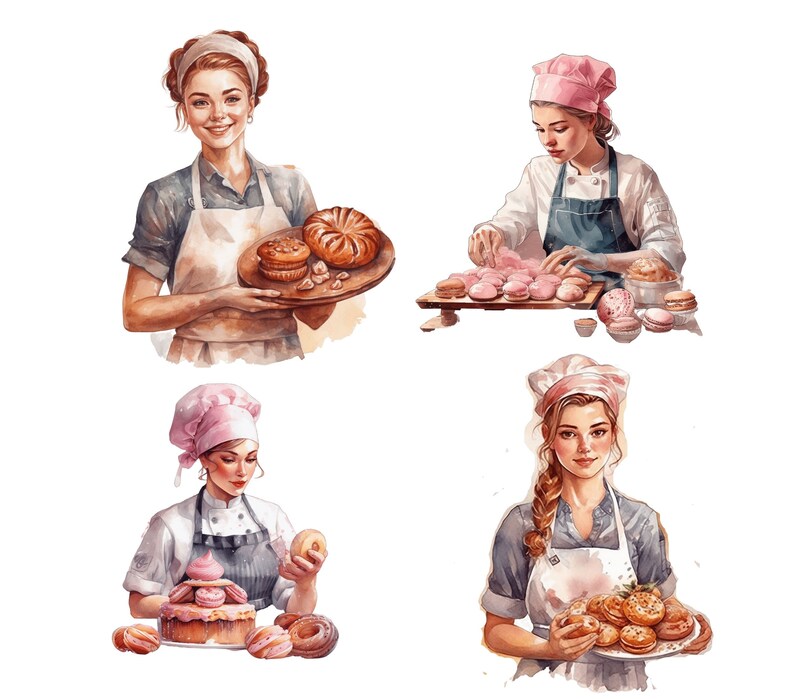 Pastry Chef Girls Watercolor Clipart Bundle Transparent PNG - Etsy
