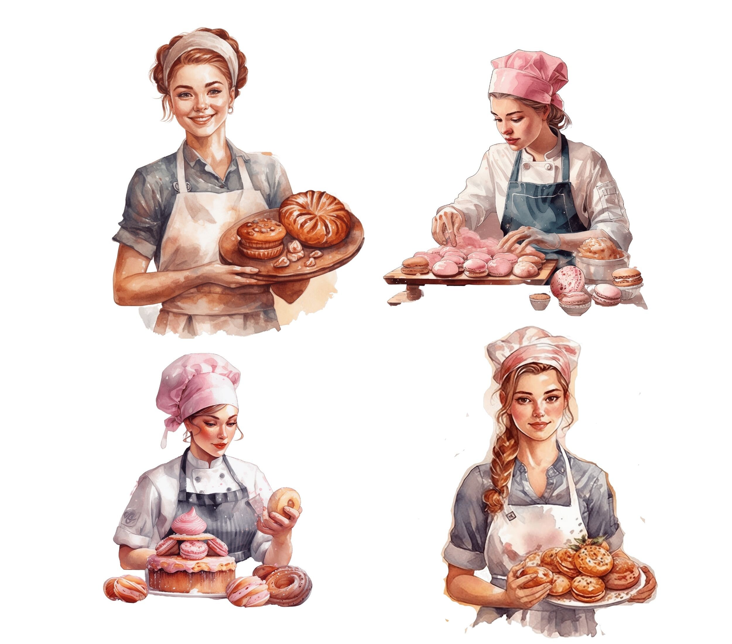 Pastry Chef Girls Watercolor Clipart Bundle, Transparent PNG, Girl ...