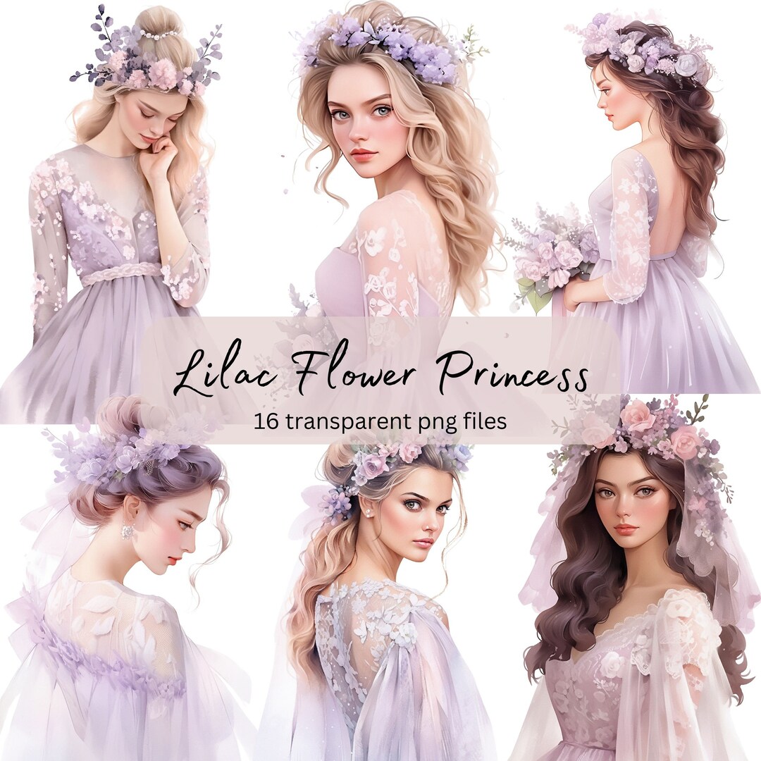 Lilac Flower Princess Watercolor Clipart Bundle, Transparent PNG ...