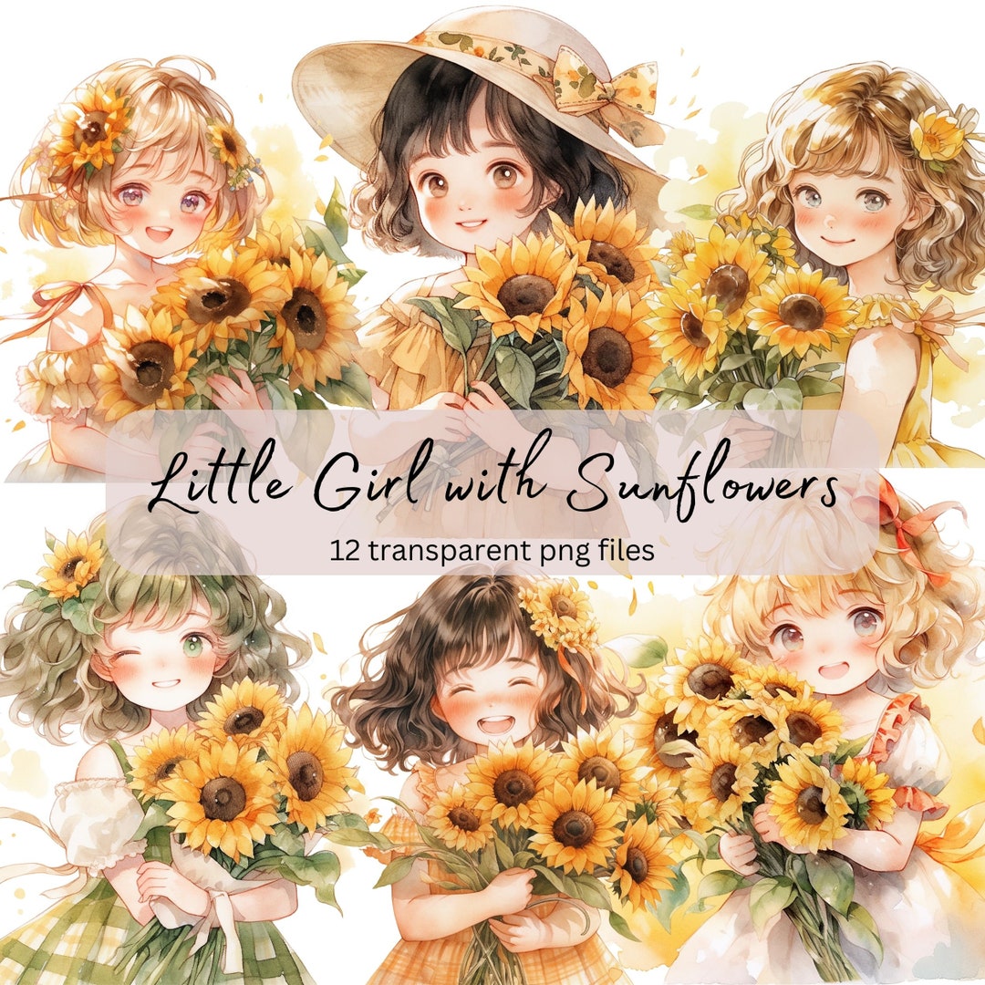 Little Girl With Sunflowers Watercolor Clipart Bundle, Transparent PNG ...