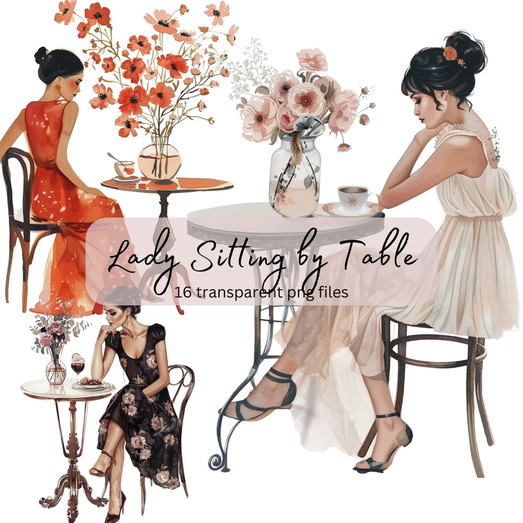 Lady by Table Watercolor Clipart Bundle, Transparent PNG, Elegant ...