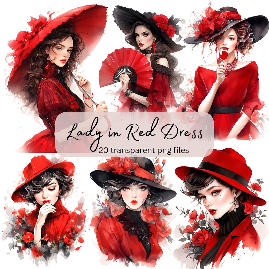 Lady in Red Dress Watercolor Clipart Bundle, Transparent PNG, Digital ...