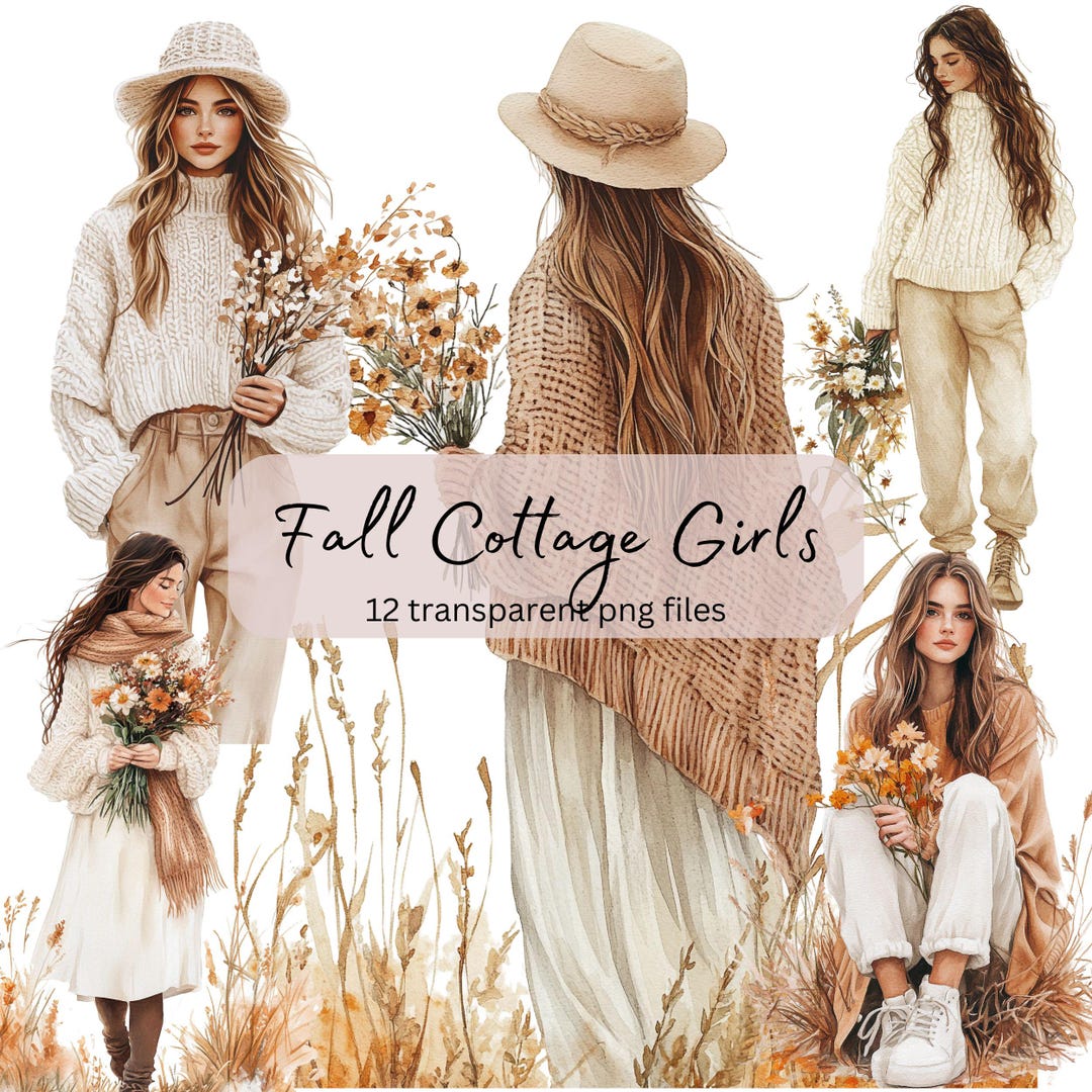 Fall Cottage Girls Watercolor Clipart Bundle, Transparent PNG, Digital ...
