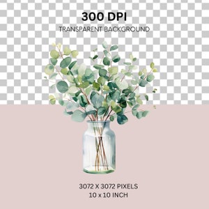Eucalyptus Vase Clipart Bundle, Transparent Png,digital Download Card ...