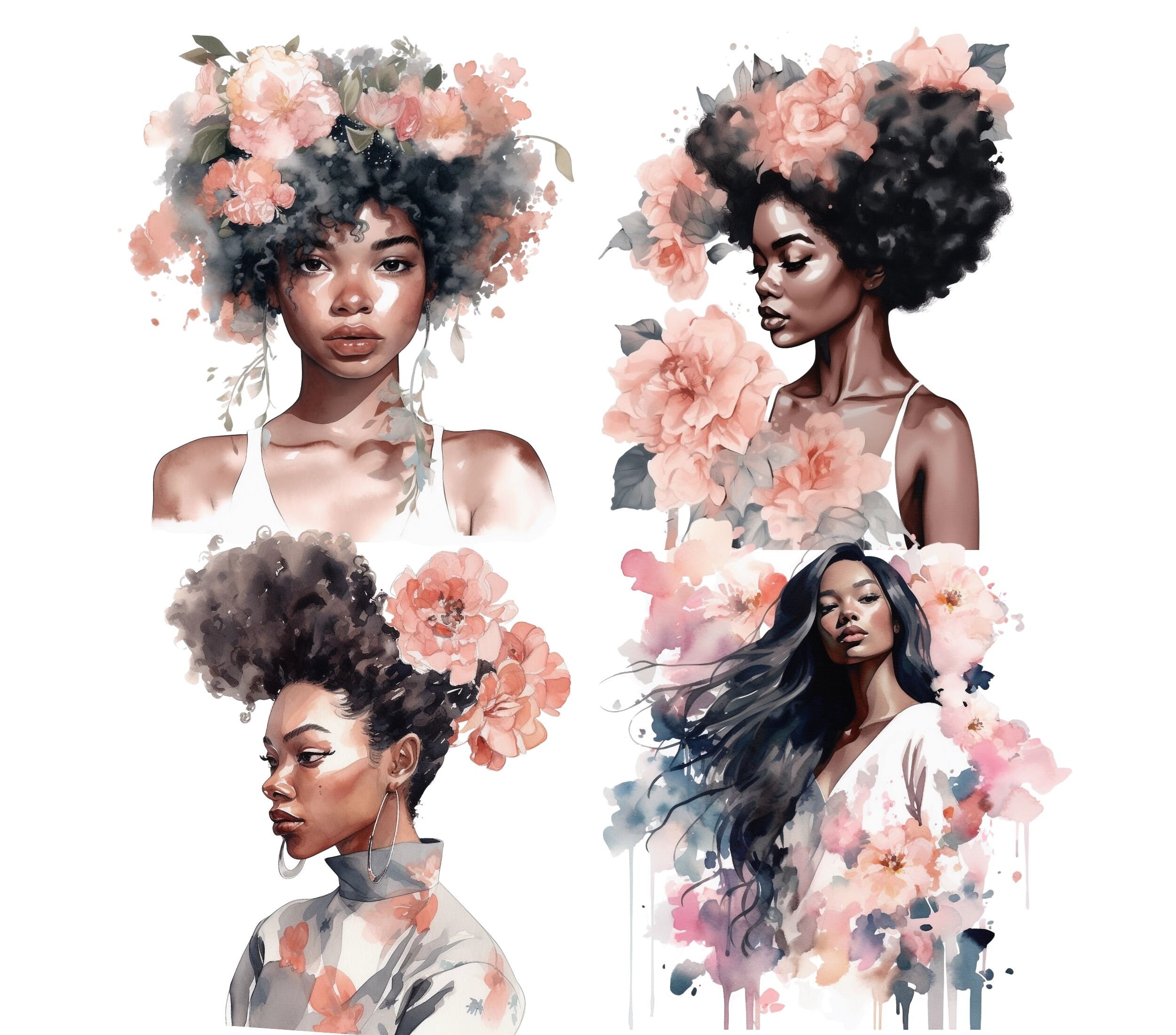Black Flower Girls Watercolor Clipart Bundle, Transparent PNG, Digital ...