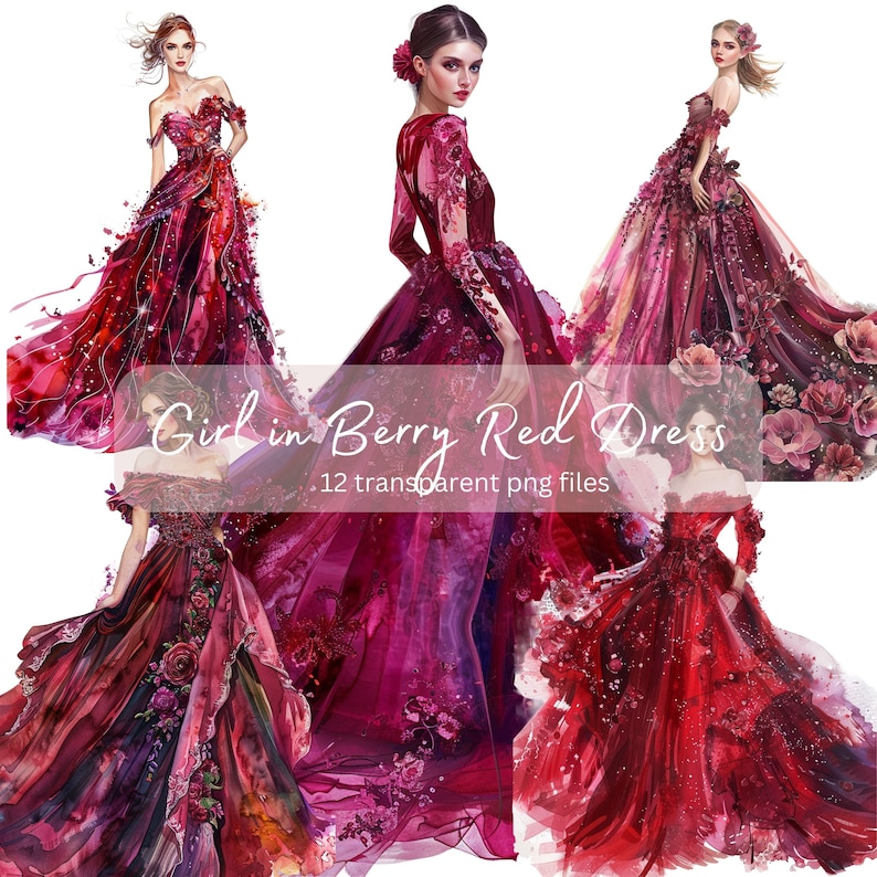 Girl in Red Dress Watercolor Clipart Bundle, Transparent PNG, Digital ...
