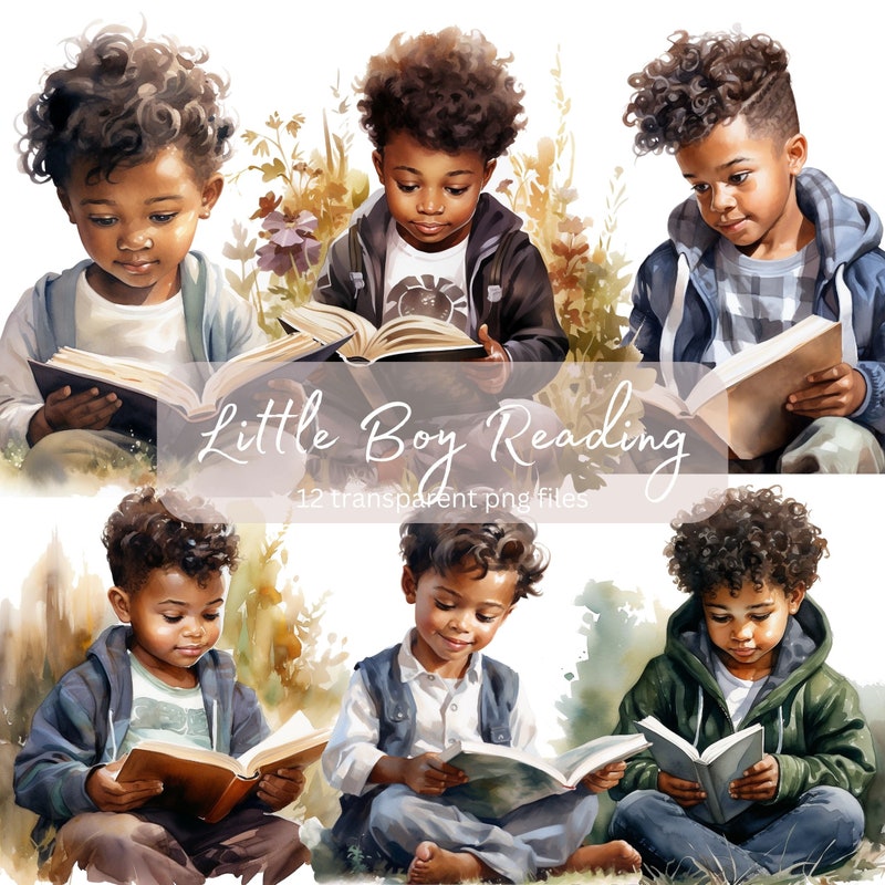 Black Boy Reading Clipart - Etsy