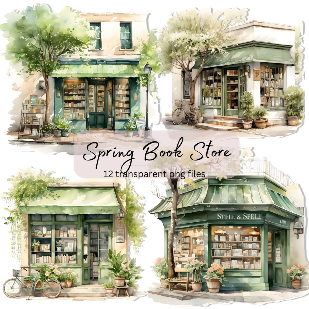 Spring Book Store Watercolor Clipart Bundle, Transparent PNG, Instant ...