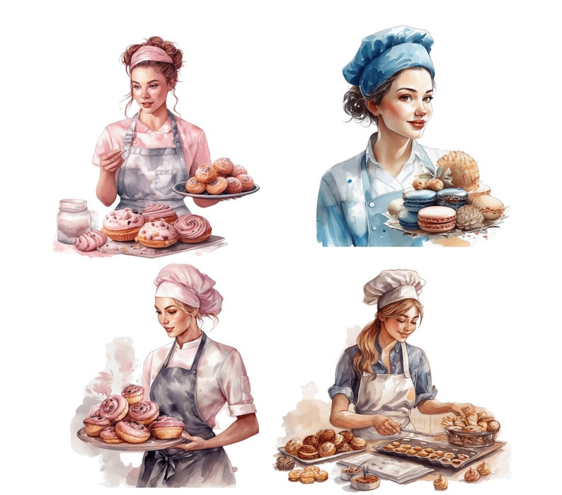 Pastry Chef Girls Watercolor Clipart Bundle Transparent PNG - Etsy