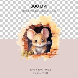 Mouse in Wall Hole Watercolor Clipart, Transparent PNG, Digital ...