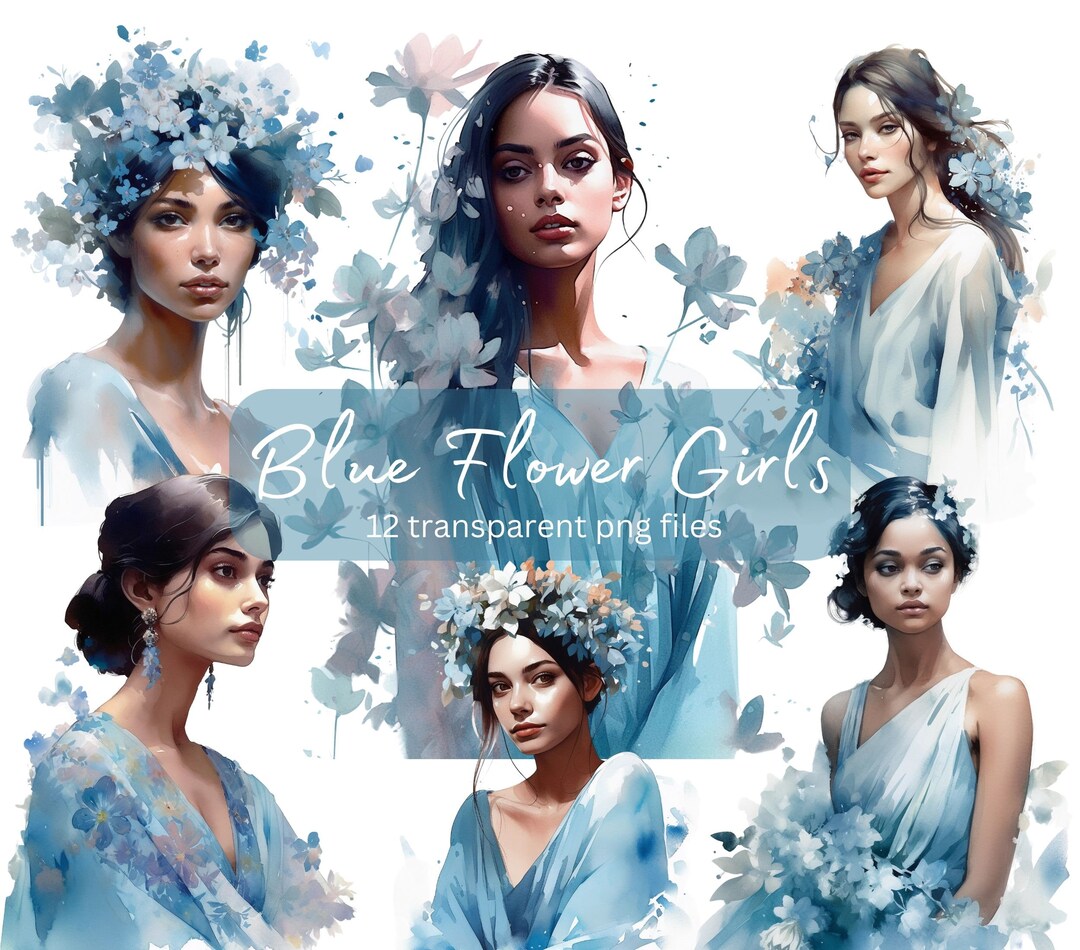 Blue Flower Girls Watercolor Clipart Bundle, Transparent Png,digital ...