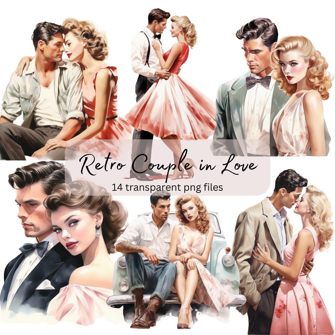 Retro Loving Couple Watercolor Clipart Bundle, Transparent PNG, Pretty ...