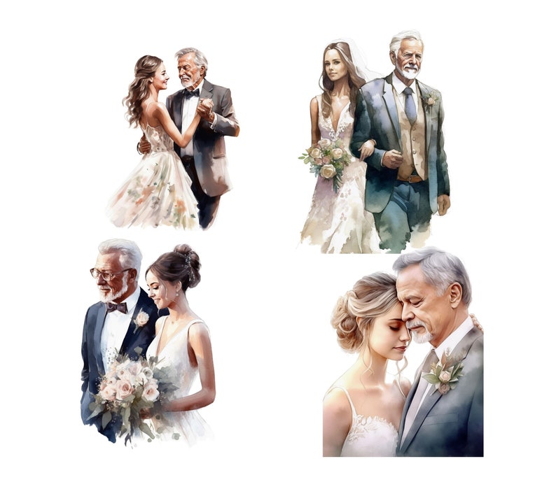 Bride and Father Watercolor Clipart Bundle, Transparent PNG, Wedding ...